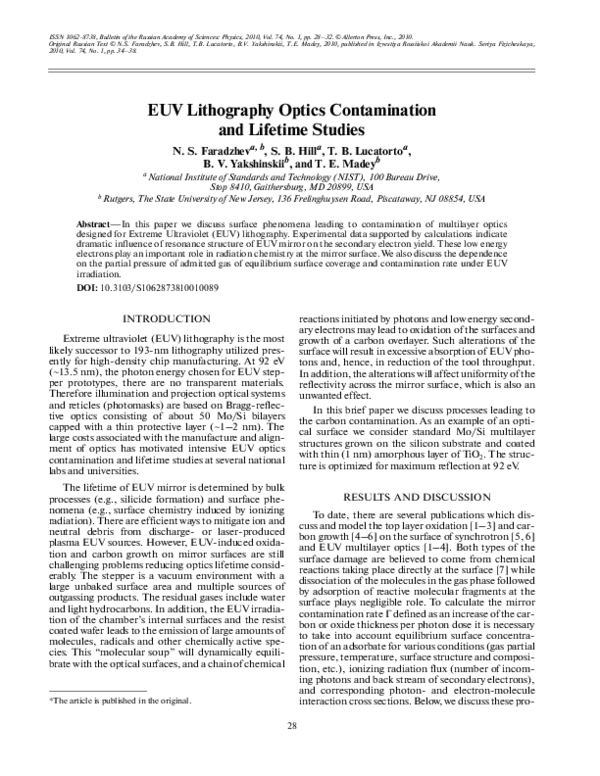 (PDF) EUV Lithography optics contamination and lifetime studies