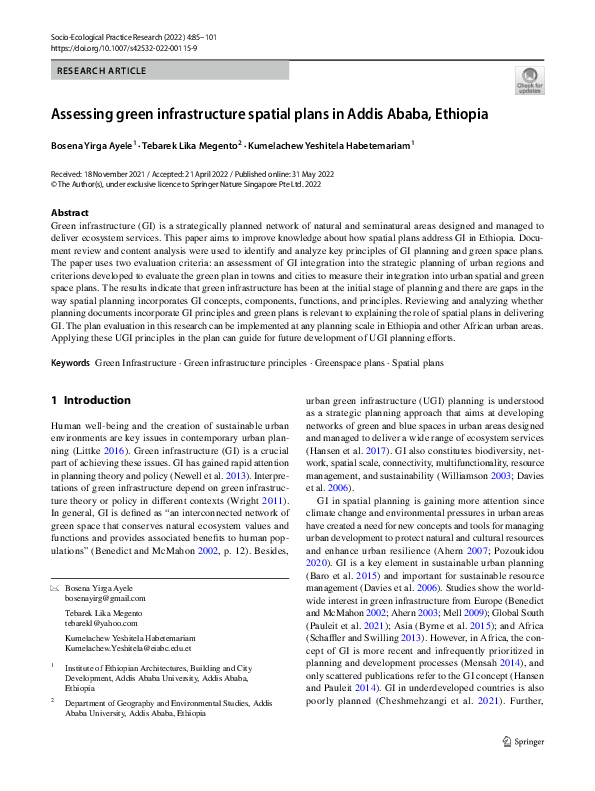 (PDF) Assessing green infrastructure spatial plans in Addis Ababa, Ethiopia