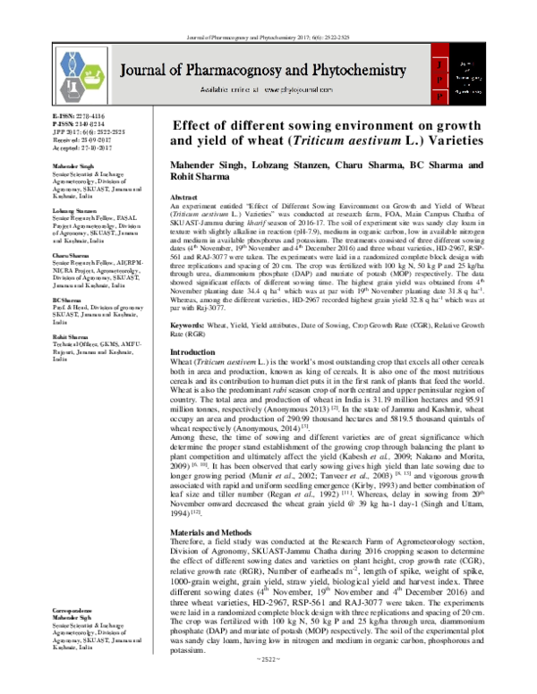 Pdf Effect Of Different Sowing Environment On Growth And Yield Of