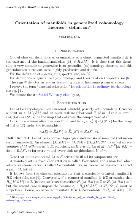 (PDF) Orientation of manifolds in generalized cohomology theories ...