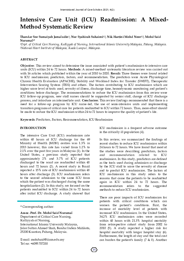 (PDF) Intensive Care Unit (ICU) Readmission: A Mixed- Method Systematic ...