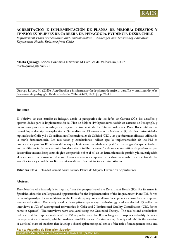 (PDF) Acreditación e implementación de planes de mejora: desafíos y tensiones de jefes de ...