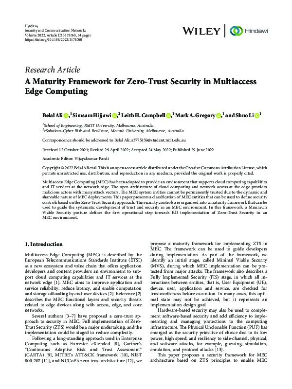 Pdf A Maturity Framework For Zero Trust Security In Multiaccess Edge Computing