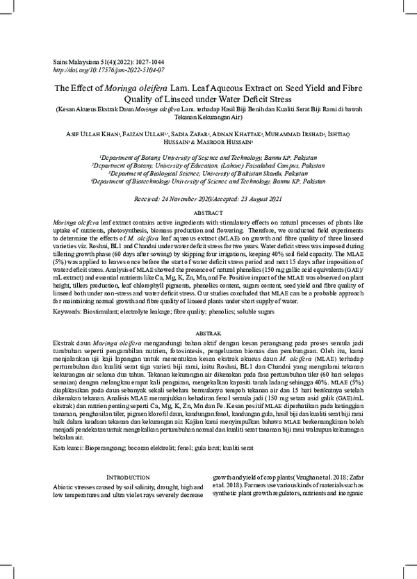 Pdf The Effect Of Moringa Oleifera Lam Leaf Aqueous Extract On Seed
