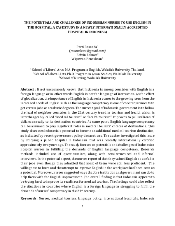 (PDF) The Potentials and Challenges of Indonesian Nurses to Use English ...