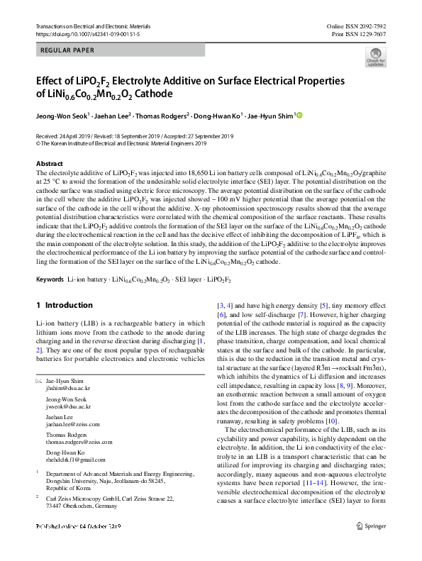 (PDF) Effect of LiPO2F2 Electrolyte Additive on Surface Electrical ...