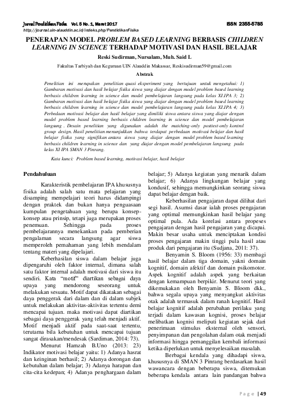 (PDF) Penerapan Model Problem Based Learning Berbasis Children Learning in Science Terhadap ...