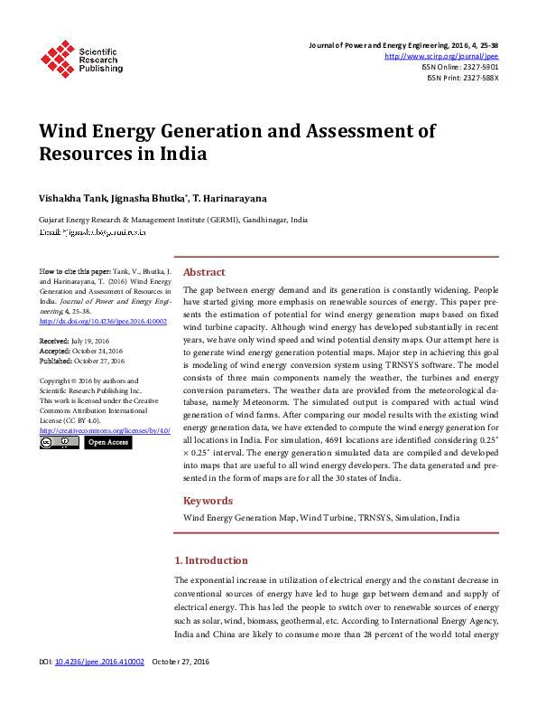 (PDF) Wind Energy Generation and Assessment of Resources in India
