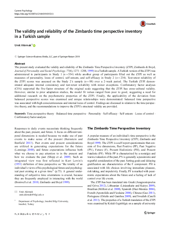 (PDF) The validity and reliability of the Zimbardo time perspective inventory in a Turkish sample
