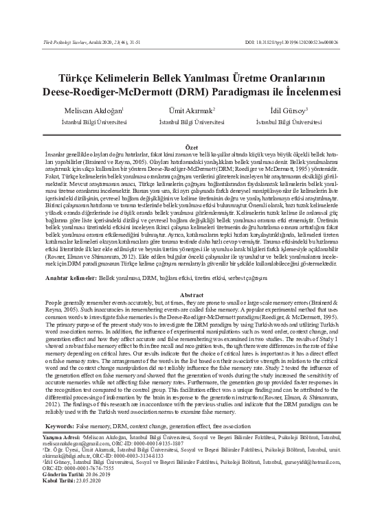 (PDF) Türkçe Kelimelerin Sahte Anı Üretme Oranlarının Deese-Roediger ...