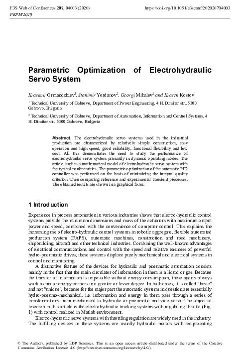 Pdf Parametric Optimization Of Electrohydraulic Servo System