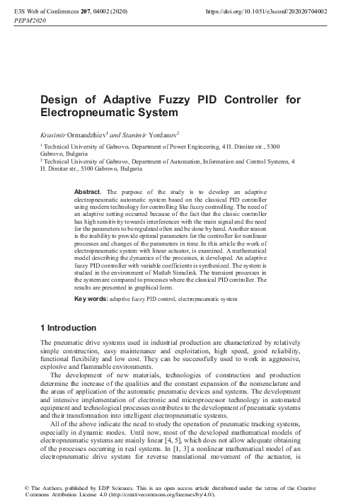 (PDF) Design of Adaptive Fuzzy PID Controller for Electropneumatic System (PDF) Design of Adaptive Fuzzy PID Controller for Electropneumatic System