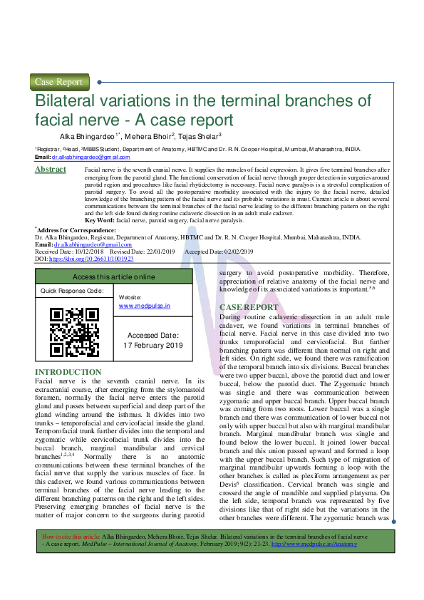 (PDF) Bilateral variations in the terminal branches of facial nerve - A ...