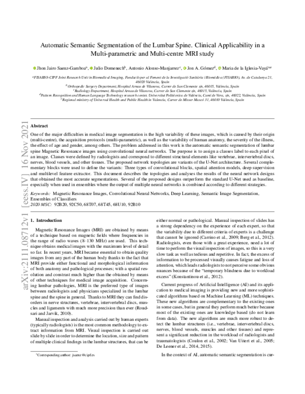 Pdf Automatic Semantic Segmentation Of The Lumbar Spine Clinical Applicability In A Multi