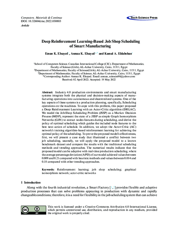 Pdf Deep Reinforcement Learning Based Job Shop Scheduling Of燬mart燤anufacturing Eman Elsayed
