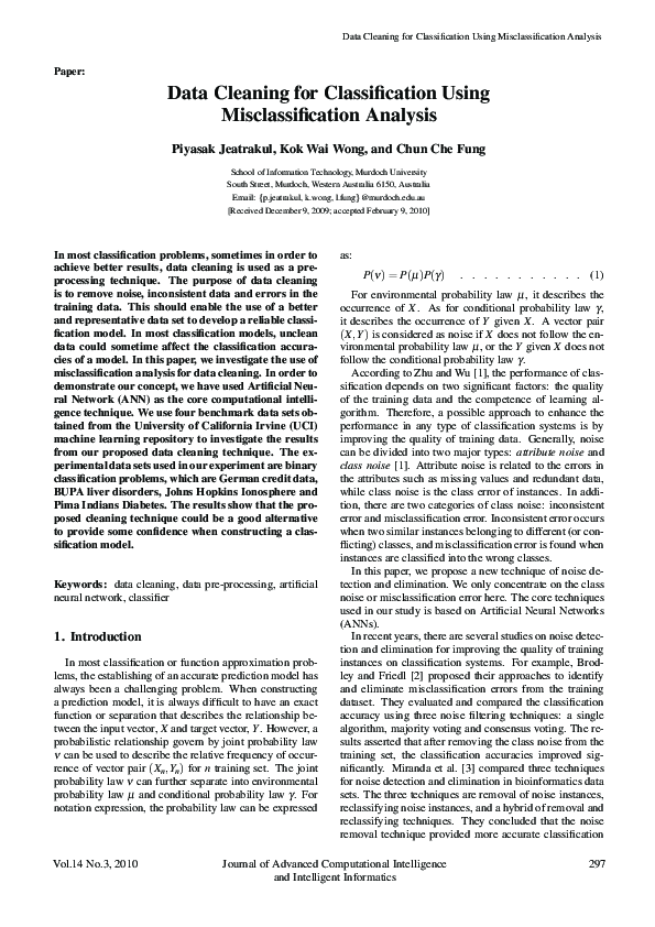 Pdf Data Cleaning For Classification Using Misclassification Analysis