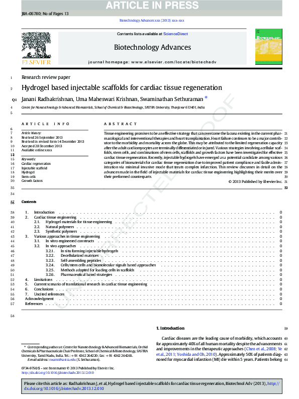 (PDF) Hydrogel based injectable scaffolds for cardiac tissue regeneration