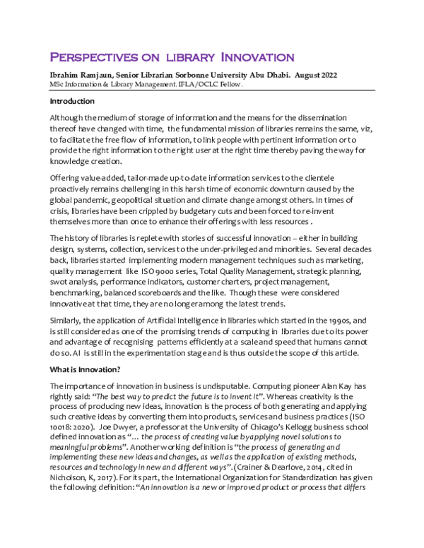 (PDF) Perspectives on library Innovation