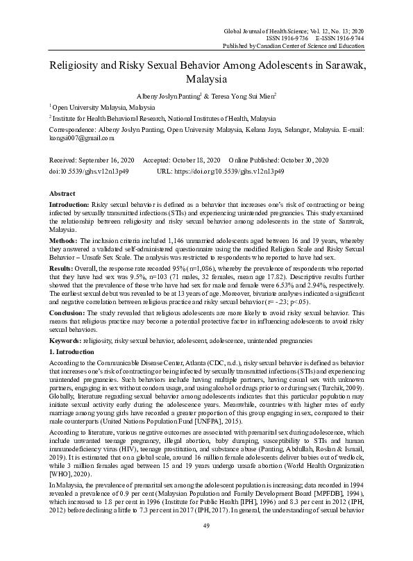 Pdf Religiosity And Risky Sexual Behavior Among Adolescents In