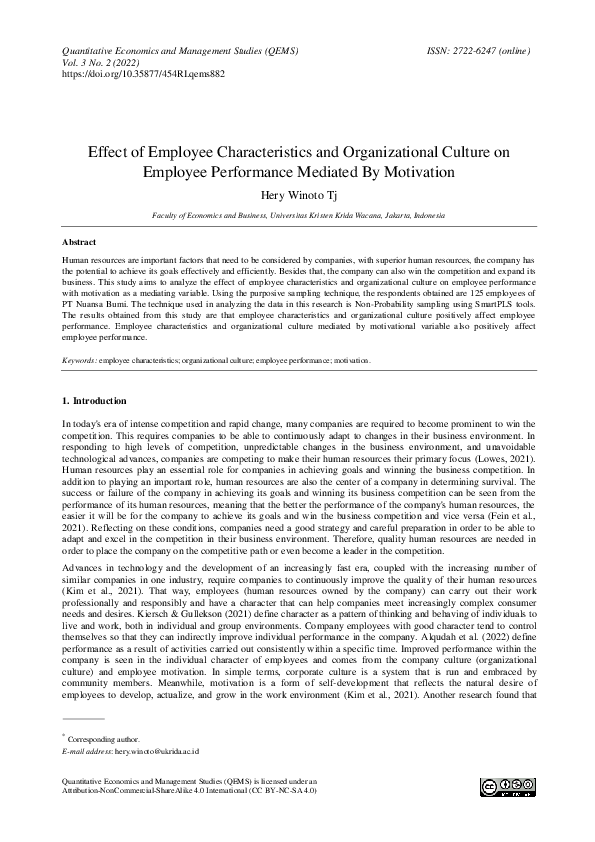 (PDF) Effect of Employee Characteristics and Organizational Culture on Employee Performance ...