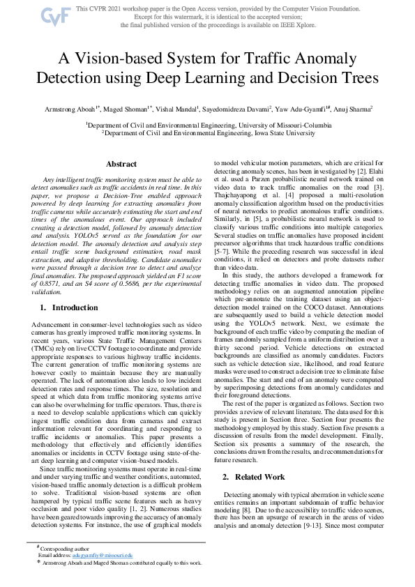 Pdf A Vision Based System For Traffic Anomaly Detection Using Deep Learning And Decision Trees