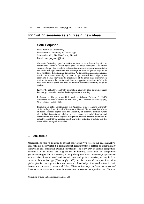 (PDF) Innovation sessions as sources of new ideas
