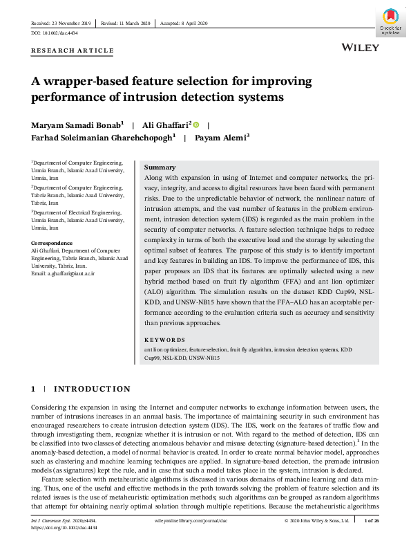 Pdf A Wrapper Based Feature Selection For Improving Performance Of Intrusion Detection Systems