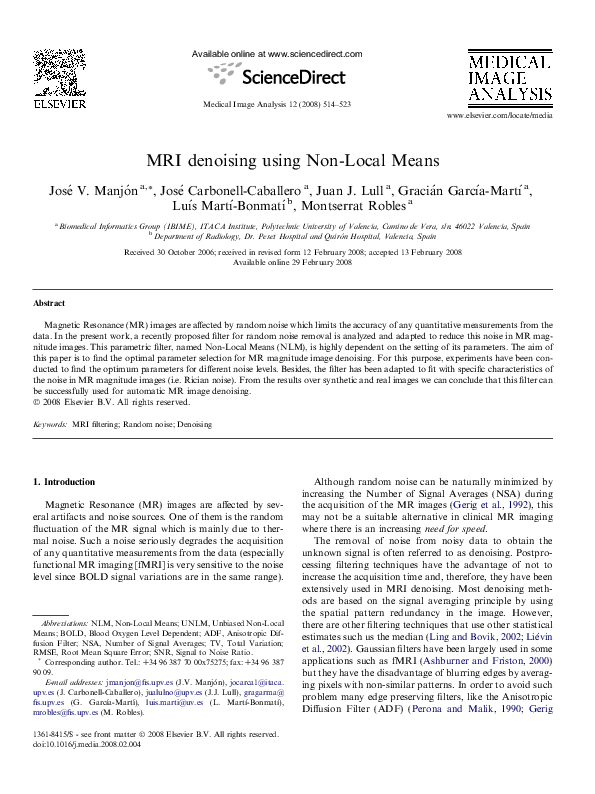 (PDF) MRI denoising using Non-Local Means