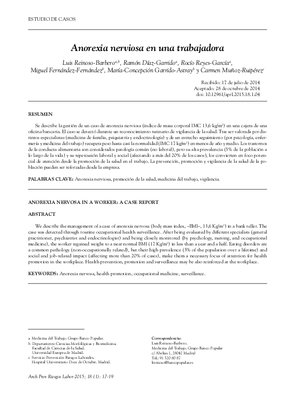 (PDF) [Anorexia nervosa in a worker: a case report]