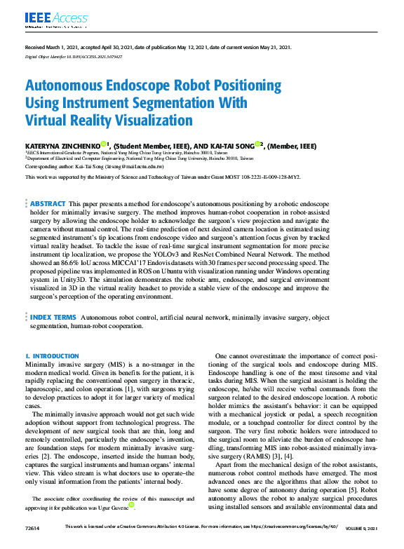 Pdf Autonomous Endoscope Robot Positioning Using Instrument Segmentation With Virtual Reality