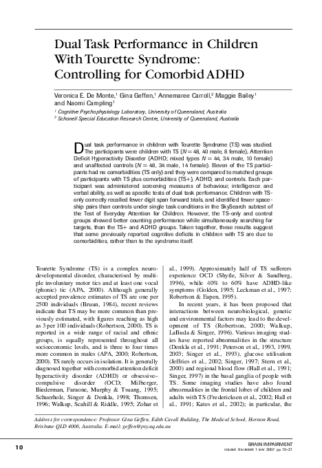 (PDF) Dual Task Performance in Children With Tourette Syndrome: Controlling for Comorbid ADHD