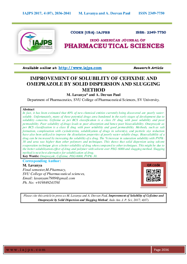 (PDF) Improvement Of Solubility Of Cefixime And Omeprazole By Solid Dispersion And Slugging Method