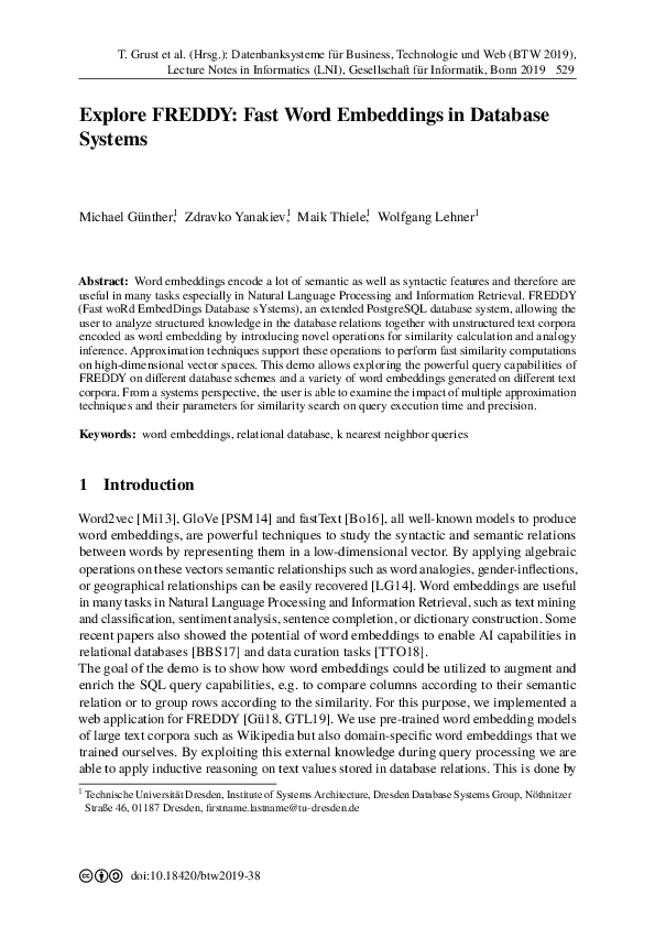 (PDF) Explore FREDDY: Fast Word Embeddings in Database Systems