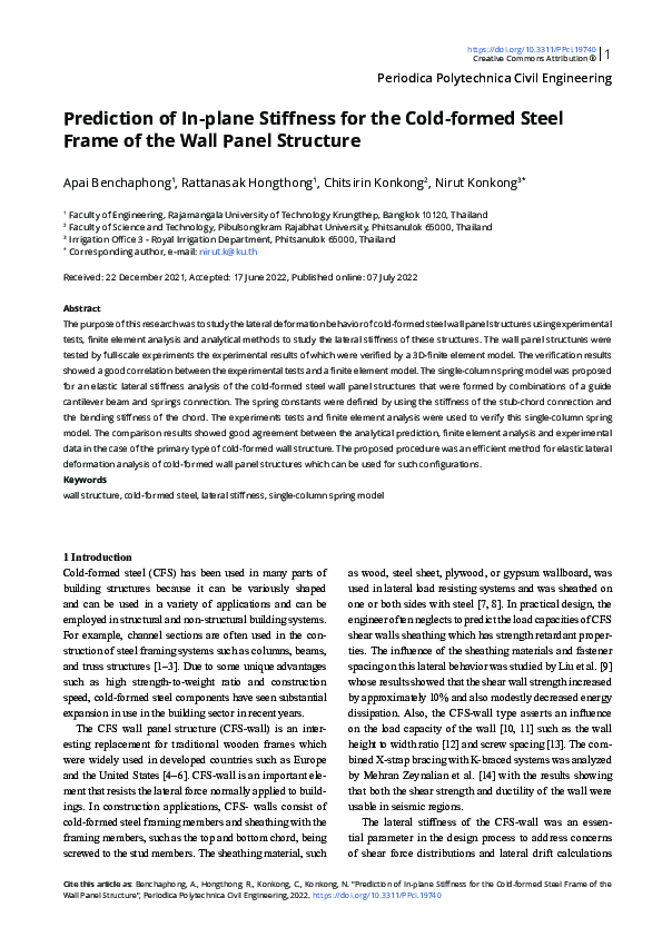 (PDF) Prediction of In-plane Stiffness for the Cold-formed Steel Frame of the Wall Panel Structure