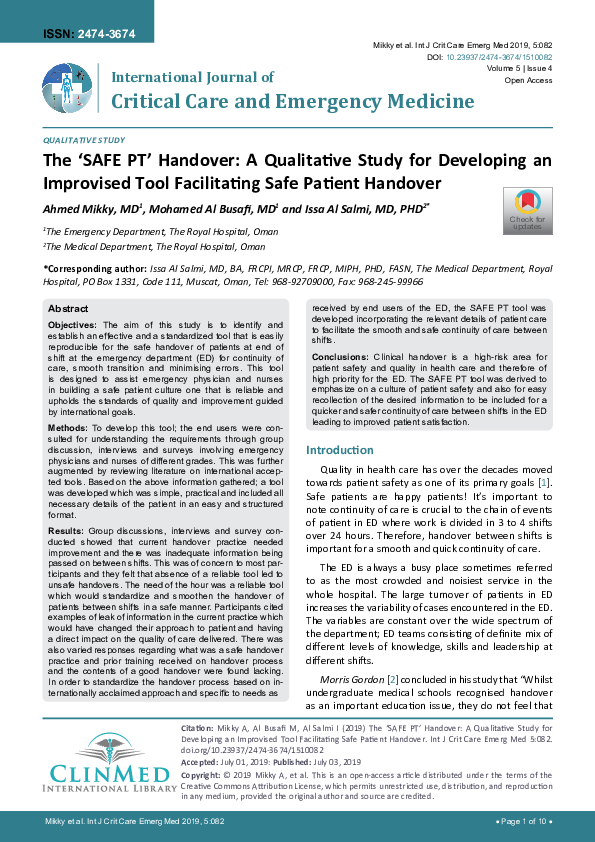 (PDF) The ‘SAFE PT’ Handover: A Qualitative Study for Developing an ...