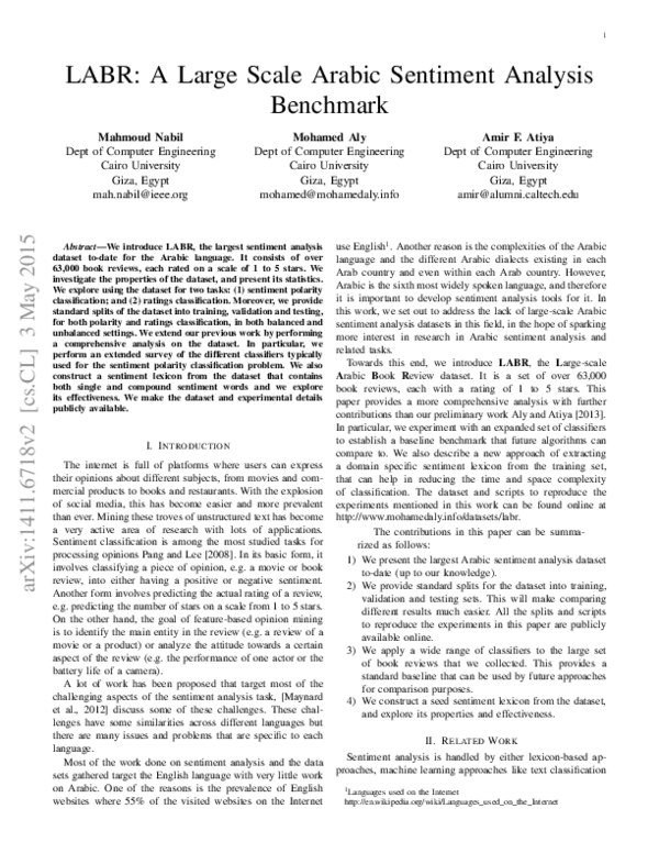 (PDF) LABR: A Large Scale Arabic Sentiment Analysis Benchmark | Amir ...