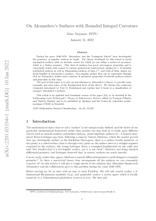 (PDF) On Alexandrov's Surfaces with Bounded Integral Curvature