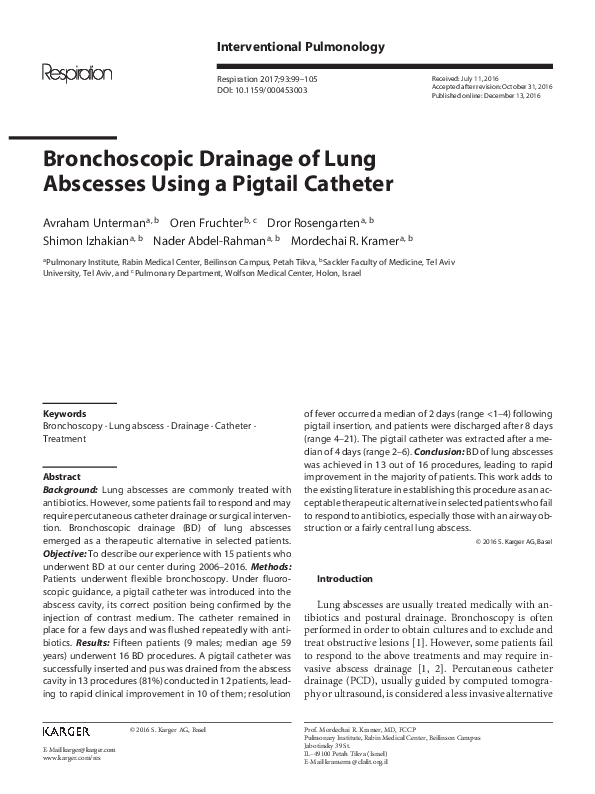 (PDF) Bronchoscopic Drainage of Lung Abscesses Using a Pigtail Catheter