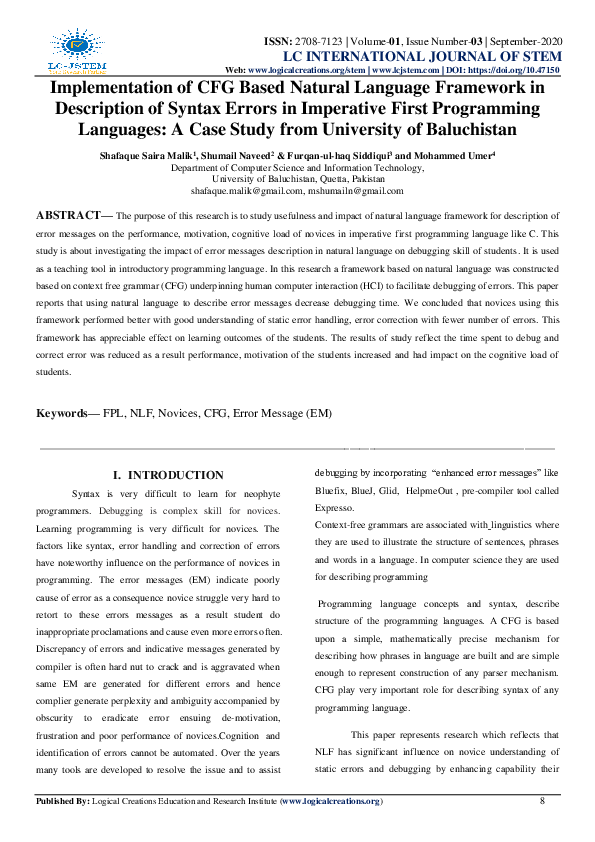(PDF) Implementation of CFG Based Natural Language Framework in Description of Syntax Errors in ...