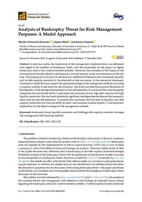 (PDF) Analysis of Bankruptcy Threat for Risk Management Purposes: A ...