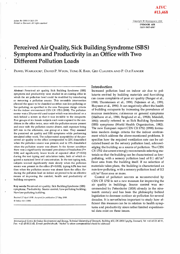 (PDF) Perceived Air Quality, Sick Building Syndrome (SBS) Symptoms and ...