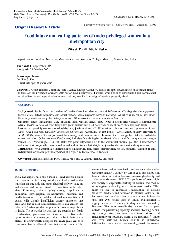 (PDF) Food intake and eating patterns of underprivileged women in a ...