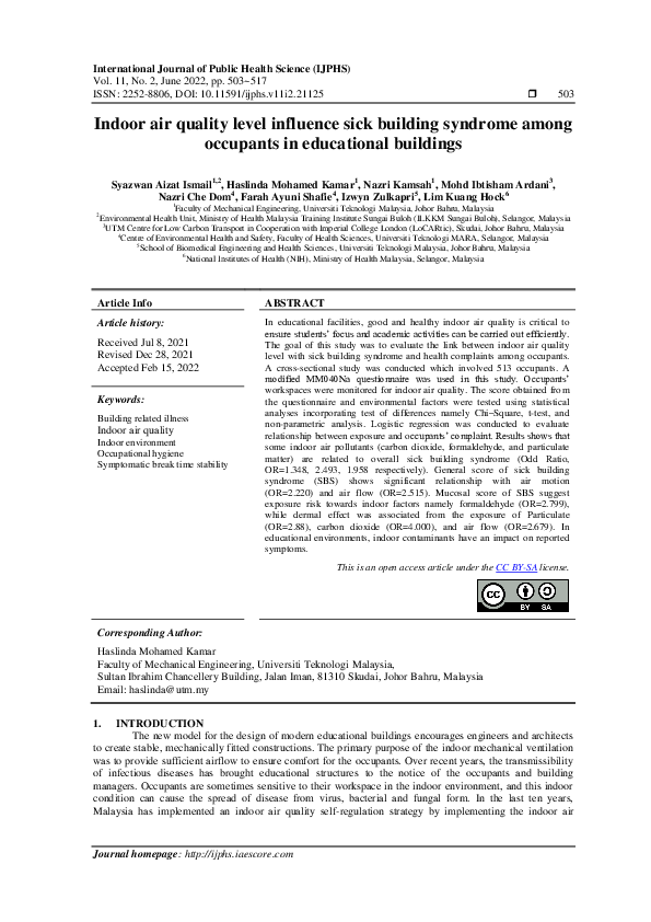 (PDF) Indoor air quality level influence sick building syndrome among ...