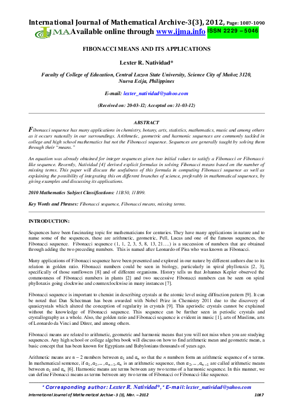 (PDF) Fibonacci Means and Its Applications