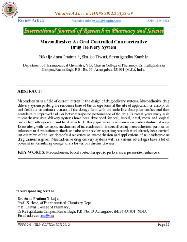 Pdf Mucoadhesive As Oral Controlled Gastroretentive Drug Delivery System