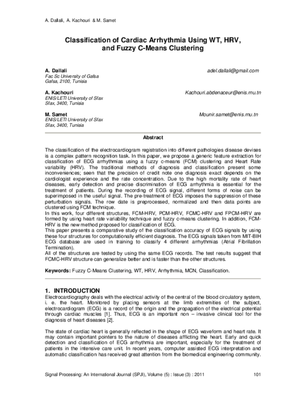 (PDF) Classification of Cardiac Arrhythmia Using WT, HRV, and Fuzzy C ... (PDF) Classification of Cardiac Arrhythmia Using WT, HRV, and Fuzzy C ...