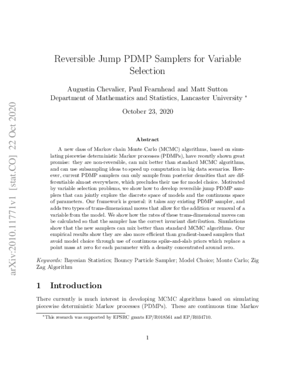 (PDF) Reversible Jump PDMP Samplers for Variable Selection