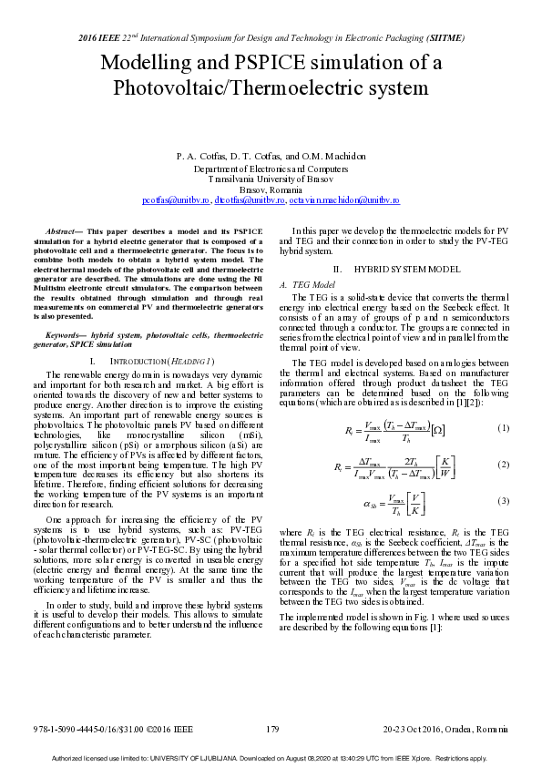 (PDF) Modelling and PSPICE simulation of a Photovoltaic/Thermoelectric system