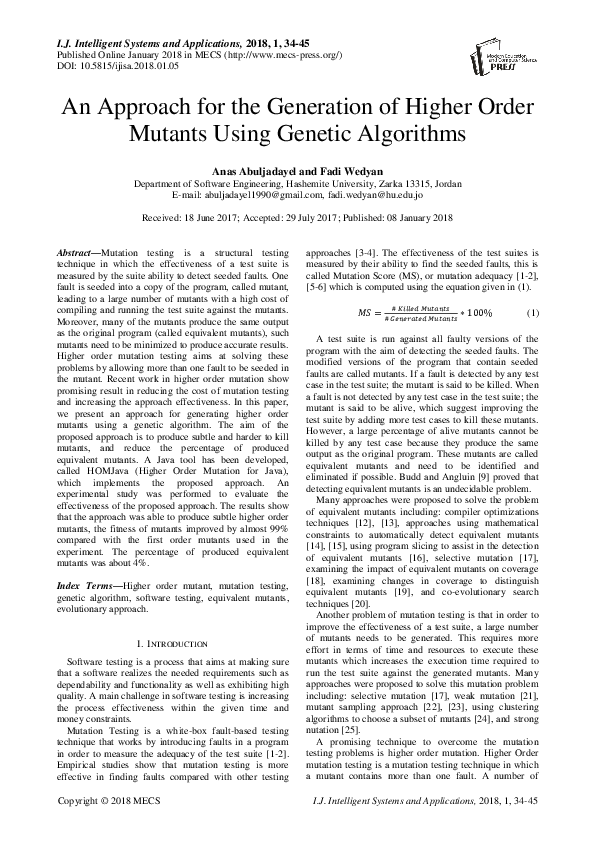 (PDF) An Approach for the Generation of Higher Order Mutants Using Genetic Algorithms