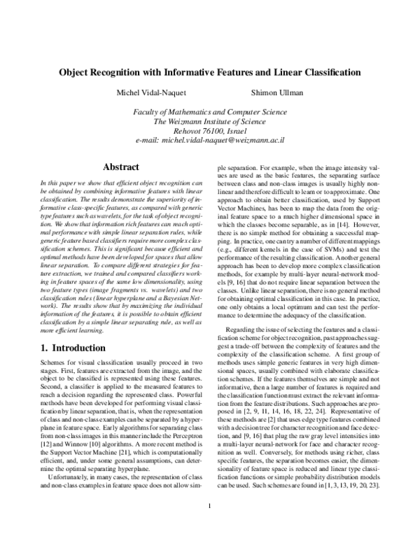 Pdf Object Recognition With Informative Features And Linear Classification